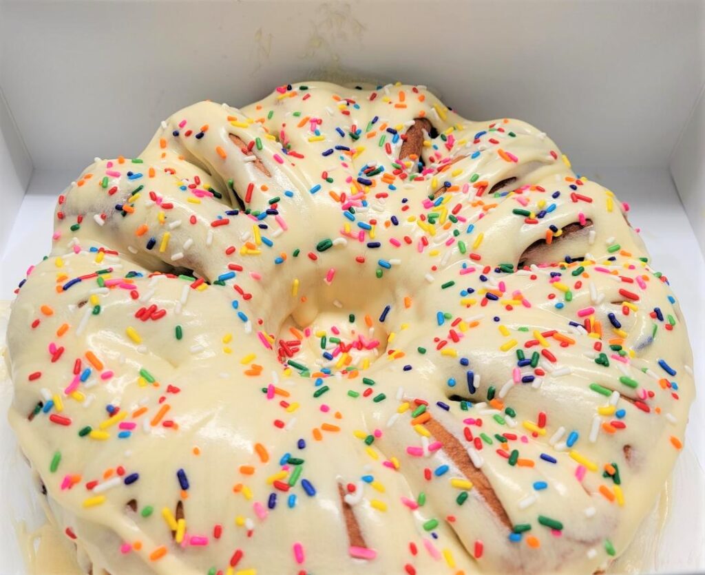 CinnAmazing Birthday Cake Tea Ring - Cinnamom Bakery